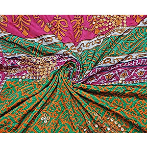 Peegli Women's Vintage Orange Floral Saree Indian Fabric DIY Crepe Silk 5 Yards Sari