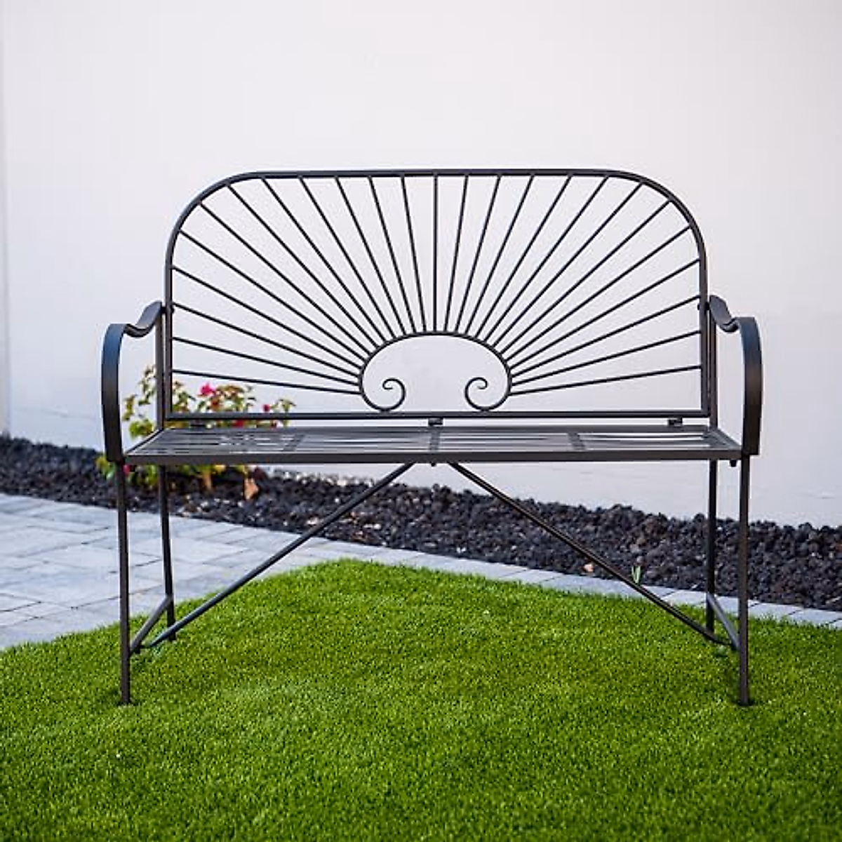 XBrand 44" L Iron Sun-Patterned Seat for Two Indoor/Outdoor, Durable Patio Bench, Black