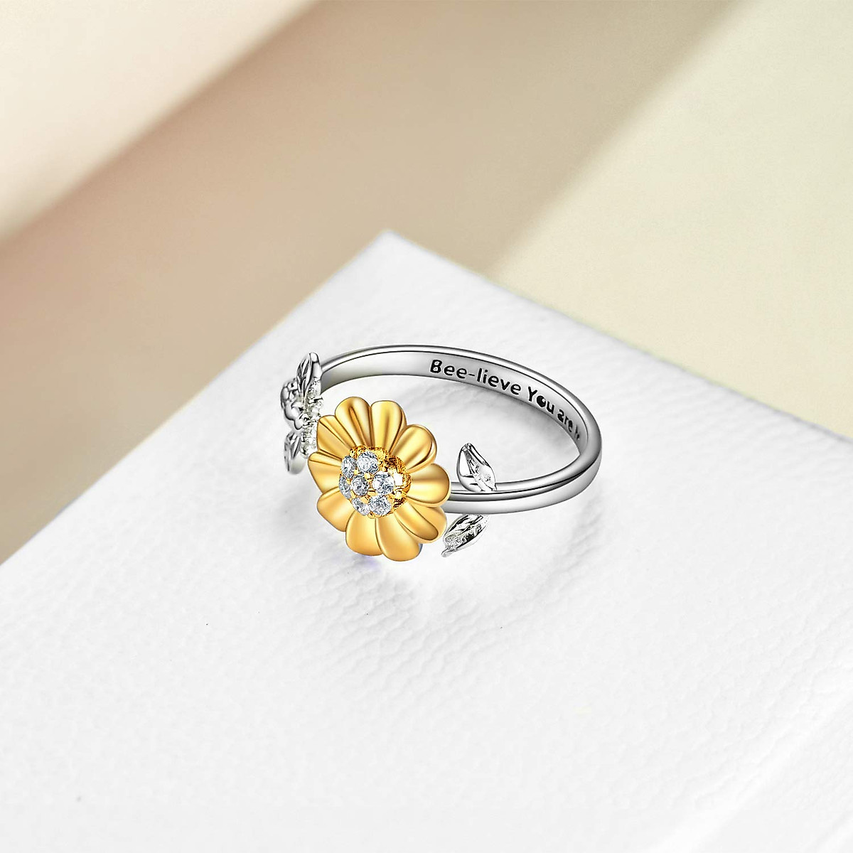 ONEFINITY Bee-live You Are My Sunshine Sterling Silver Sunflower Rings with Bee Open Adjustable Ring for Women