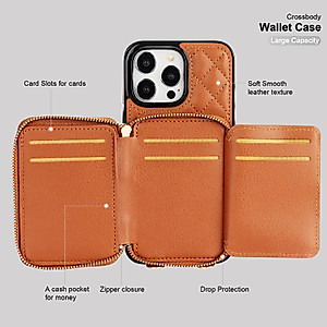 Bocasal Crossbody Wallet Case for iPhone 15 Pro Max, RFID Blocking PU Leather Zipper Handbag Purse Flip Cover, Kickstand Folio Case with Card Slots Holder Wrist Strap Lanyard 5G 6.7 Inch (Brown)