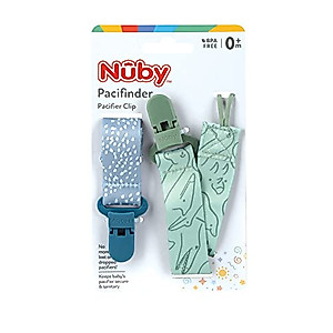 Nuby Pacifinder Pacifier Clip, 2 Pack Pacifier Holder for Boy, Blue Dots and Green Dino