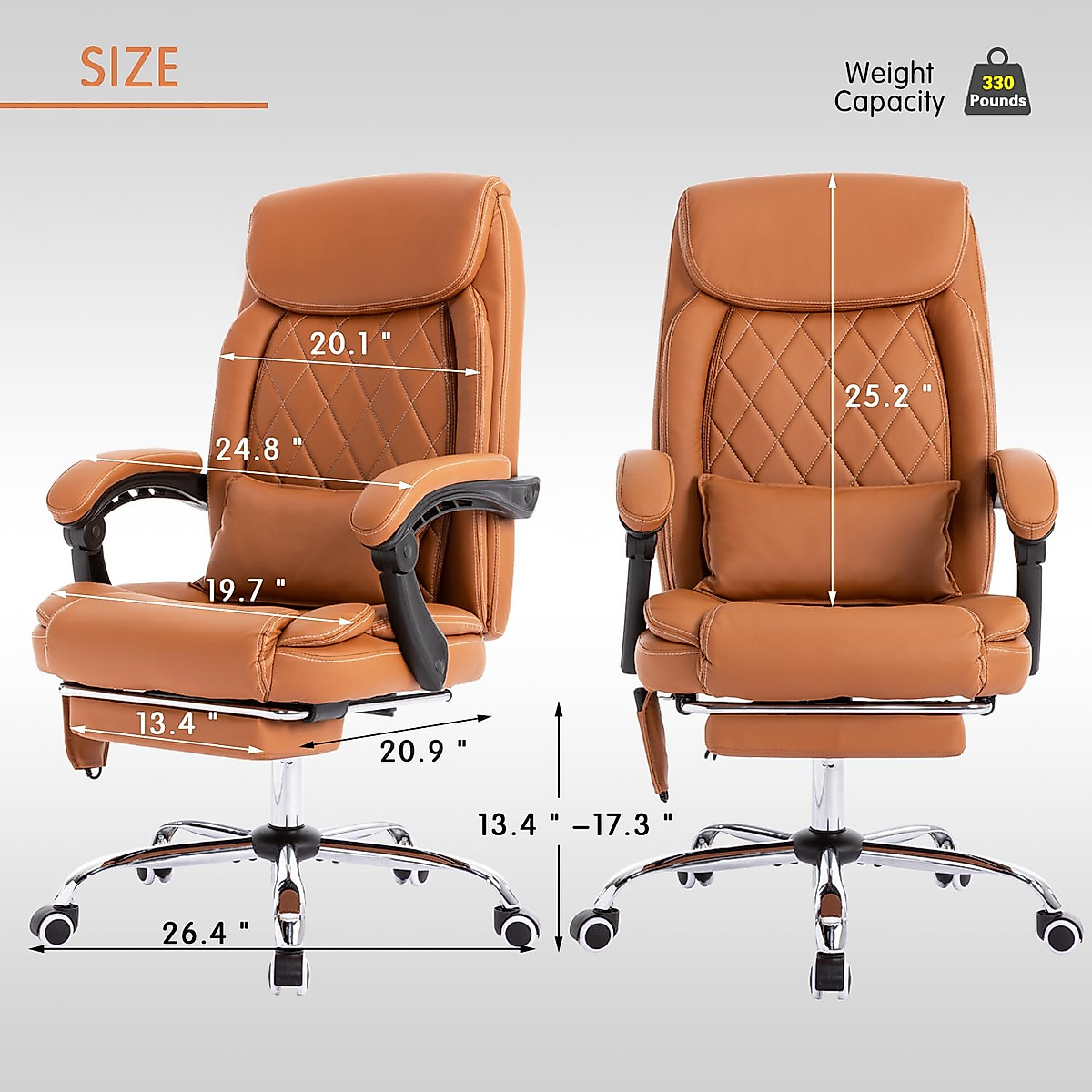 BOWTHY Executive Massage Office Chair with Heated,45°Reclining Ergonomic Chairs with Footrest,High Back Computer Desk Chairs with Wheels,Diamond-Stitched Cushion Brown Leather Office Chair