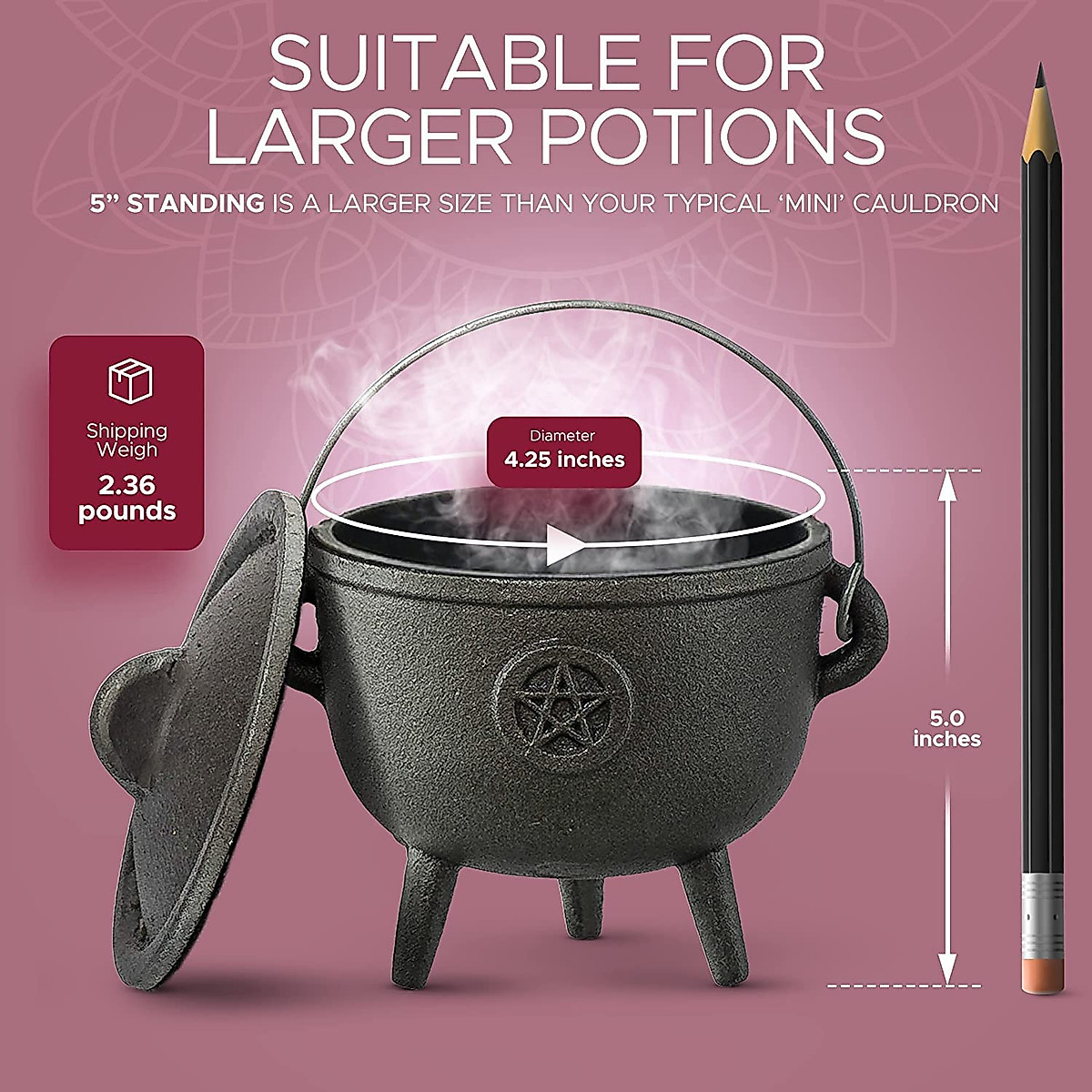 Mini Cauldron Cast Iron with Lid - Witchcraft Altar Supplies, Wicca Herbs Incense Burner, Suitable for Larger Potions