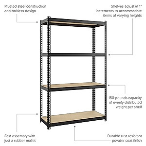 Space Solutions 1000 Riveted Steel Shelving 4-Shelf Unit, 12D x 30W x 48H, Black