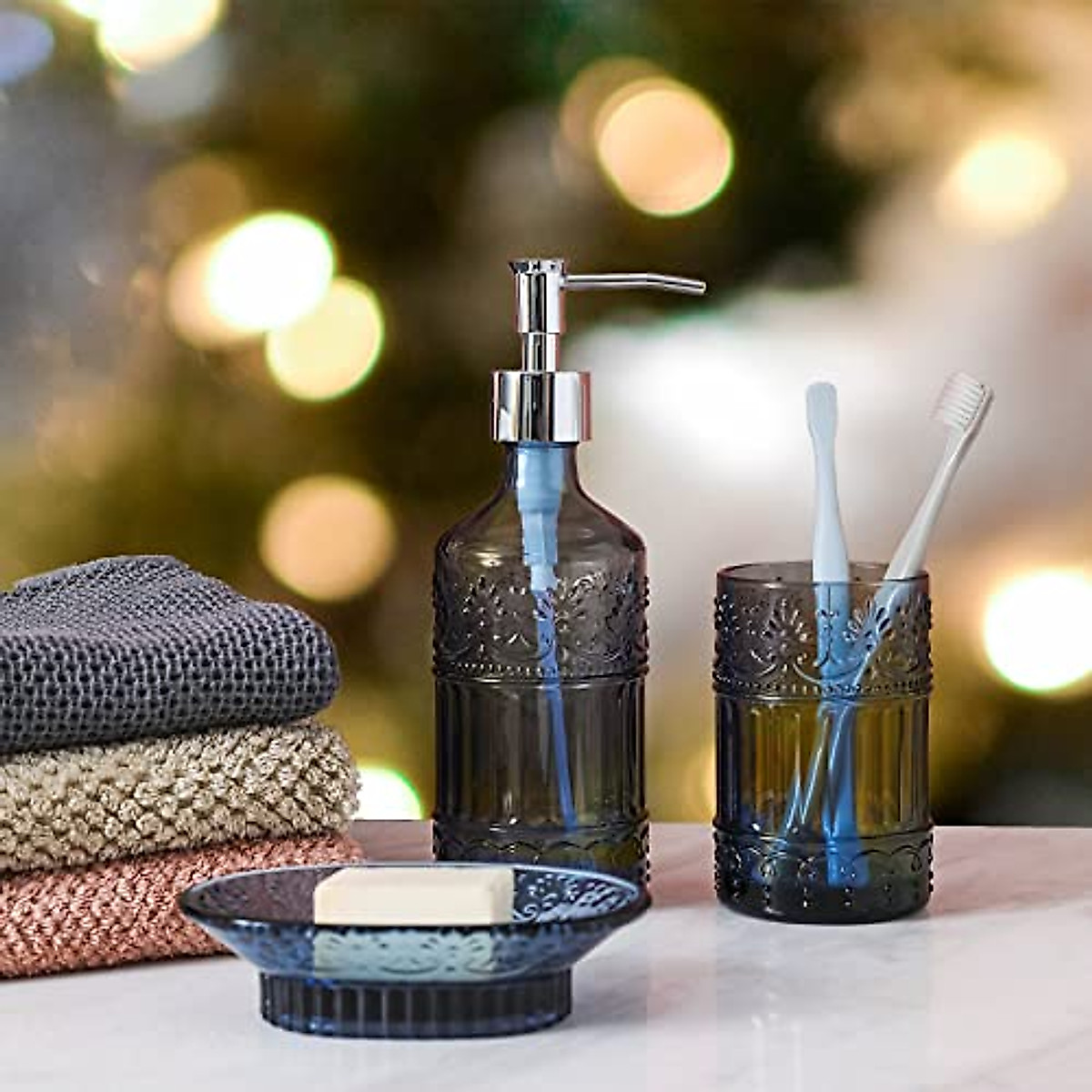 WHOLE HOUSEWARES | Premium Bathroom Accessory Set | 4-Piece Decorative Blue Glass Bathroom Decor Accessories Set | Soap Dispenser, Tray, Jar, Toothbrush Holder | Elegant Mosaic Glass (Blue)