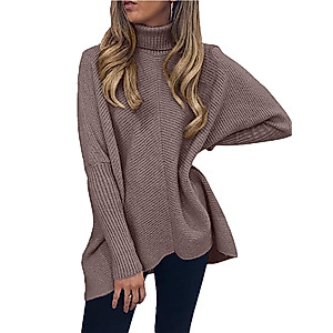 Caracilia Women Turtleneck Batwing Sweaters Oversized Tunic Sweater 2023 Fall Turtleneck High Low Sweater Pullover Knit Jumper Winter Clothes C8A7-doukou-L Brown