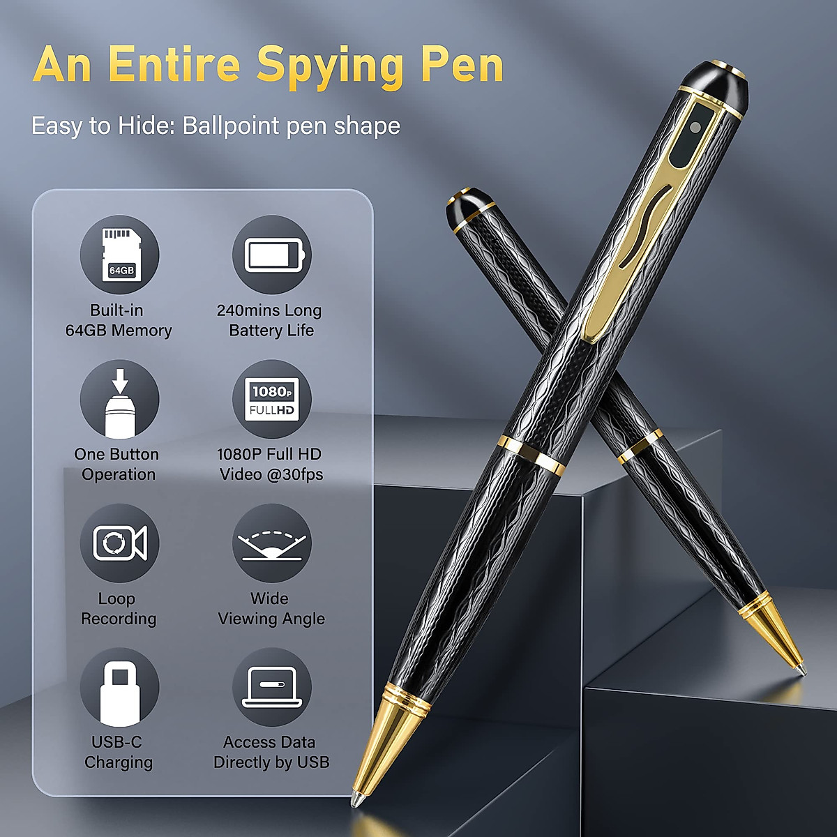 1080P Hidden Camera Pen, Mini Camera Built-in 64GB Memory, 240mins Long Battery Life, Loop-Working Nanny Cam, Portable Security Camera for Business, Conference, Learning.