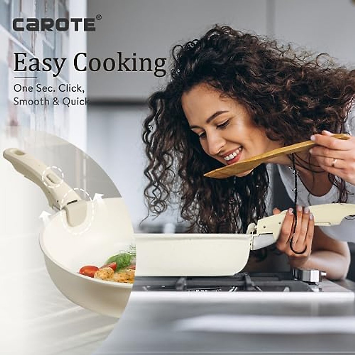 CAROTE Nonstick Cookware Sets, Non Stick Pots and Pans Set Detachable Handle, Kitchen Cookware Sets with Removable Handle, Stackable RV Cookware for Campers, Dishwasher/Oven Safe (White 5 PCS)