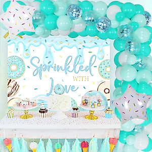 Donut Sprinkle Baby Shower Decorations, Sprinkled with Love Decorations, Blue Baby Sprinkle Balloon Garland Kit Backdrop for Boy Baby Shower Party Supplies
