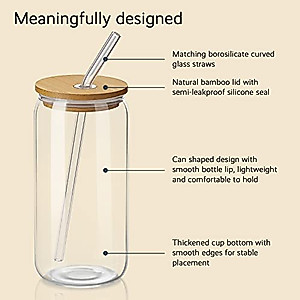 Jocuu Glass Cups with Lids and Straws, Set of 4 Beer Can Glasses, 16 oz each Ice Coffee Cup, Glass Tumbler, Drinking Jars, Drinking Glasses for Smoothie Boba Coffee Beer Tea
