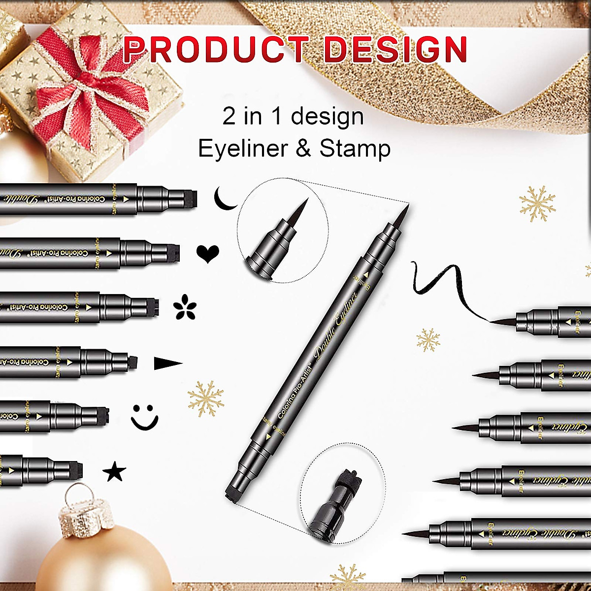 Erinde 6PCS Double-headed Liquid Eyeliner Stamp Pen Set, Black Eyeliner Pencil Eye Liner Stencil, Winged Eyeliner Tattoo Tool, Star Moon Heart Eyeliner Stamp Eye Face Makeup for Women