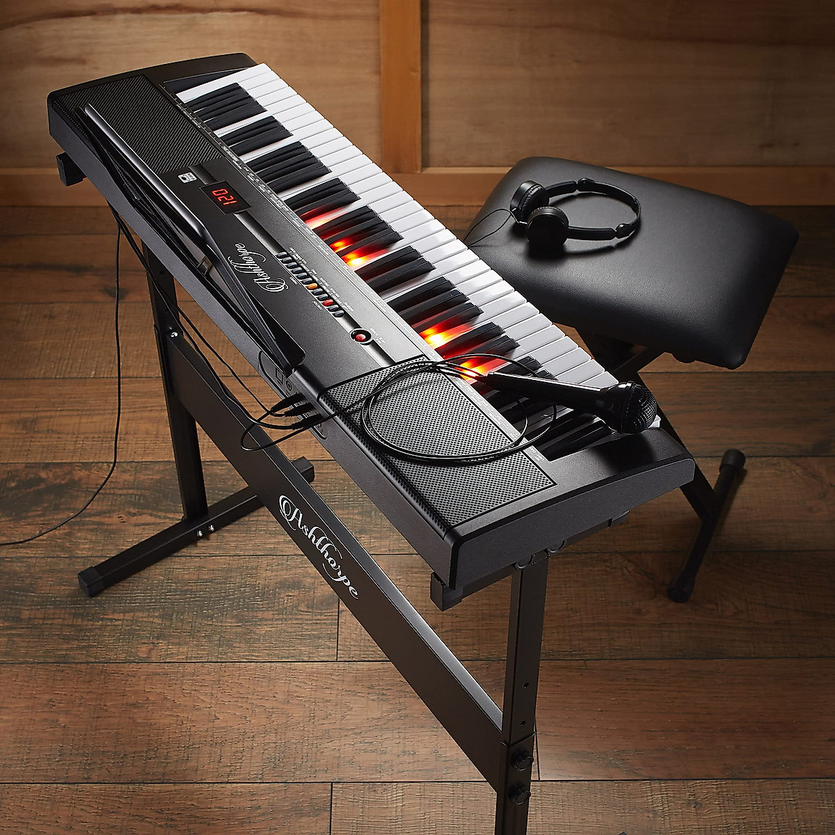 Ashthorpe 61-Key Digital Electronic Keyboard Piano with Light Up Keys, Includes Stand, Bench, Headphones, Mic and Keynote Stickers