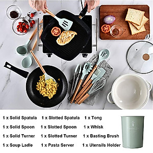 VIVAYO Silicone Cooking Utensil Kitchen Utensils Set, 12 Pieces Silicone Kitchen Utensil Wooden Handles, Kitchen Spatula Sets with Holder Spoon Turner Tongs,Mint Green