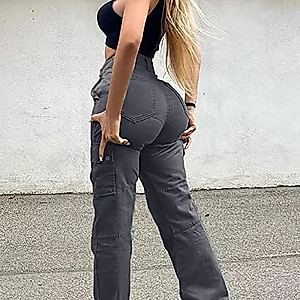 HCNTES Cargo Pants Women High Waisted Wide Leg Y2k Straight Pant for Women with Pockets Casual Parachute Plus Size Trousers Grey
