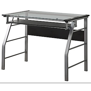Kings Brand Furniture Computer Desk with Keyboard Tray - Silver Metal & Glass Top Home Office Desk, Gaming Desk for Laptop & Desktop Computer for Students, Remote Worker, & Gamer