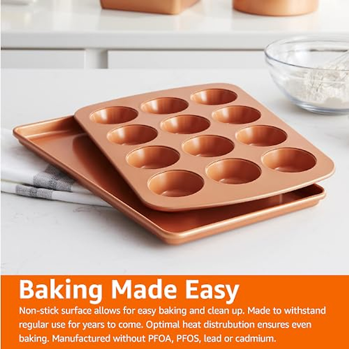Amazon Basics Ceramic Nonstick Baking Sheets and Pans Bakeware Set, 5-Piece Set- Copper Color