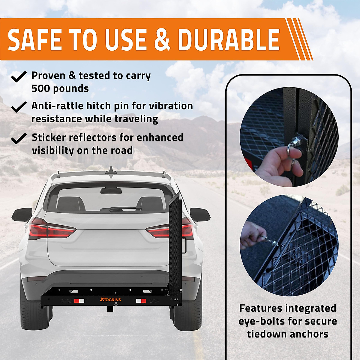 Mockins 500lb Cap. Folding Trailer Hitch Cargo Carrier Rack with Ramp |48"Lx28.5"Wx4.5"H Wheelchair Rack for Car |Heavy Duty Steel Mobility Scooter Carrier with Ramp | Wheelchair Carrier for Car Hitch