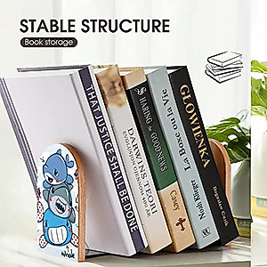 Cartoon Whale Shark Dolphin Striped Wood Book Ends for Shelves Non-Skid Bookend Book Stand Book Holder Stopper for Home Office School