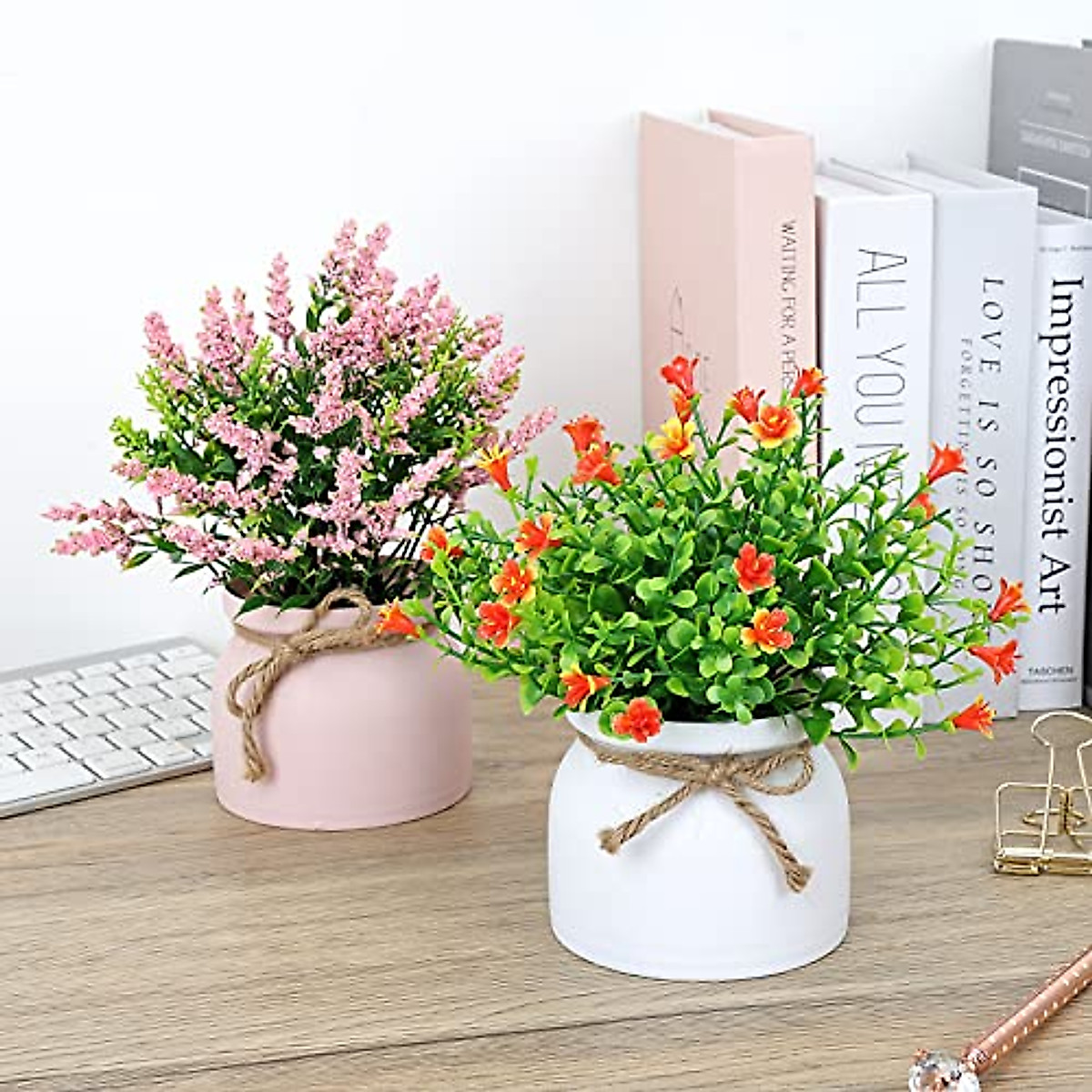 CEWOR 6pcs Fake Potted Plants Small Faux Plants Indoor Artificial Flowers Outdoor in Macaron Pot, Desk Plants for Home Indoor Bathroom Kitchen Shelf Office Decor