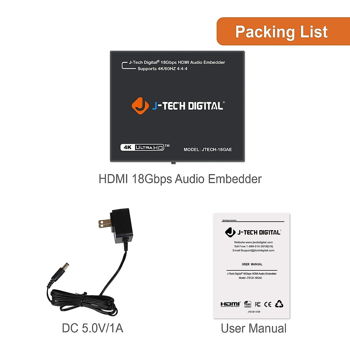 J-Tech Digital 18Gbps Digital/Analog Audio HDMI Embedder Inserter Support 4K@60Hz 4:4:4 HDR CEC HDCP2.2/1.4 with TOSLINK Optical 3.5mm Audio Input options [JTECH-18GAE]