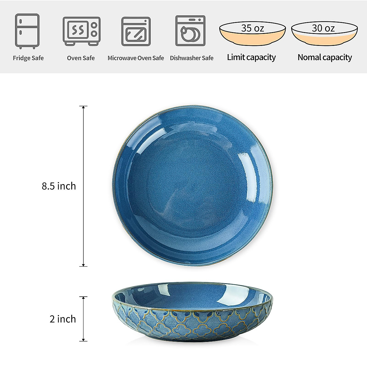 Sureasy Ceramic Pasta Bowls, 30oz Large Salad Bowl, 8.5 inch Embossed Serving Bowl for Kitchen, Wide and Shallow Plates Bowls Set of 4, Microwave, Oven and Dishwasher Safe, Gifts, Blue