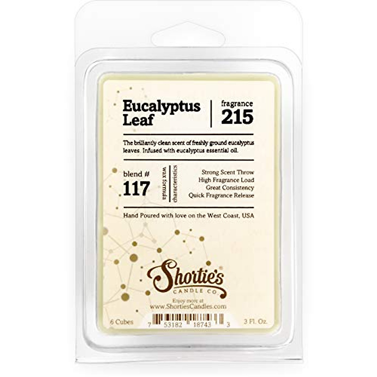 Shortie's Candle Company Eucalyptus Leaf Wax Melts - Formula 117-1 Highly Scented 3 Oz. Bar - Made with Essential & Natural Oils - Fresh & Clean Air Freshener Cubes Collection