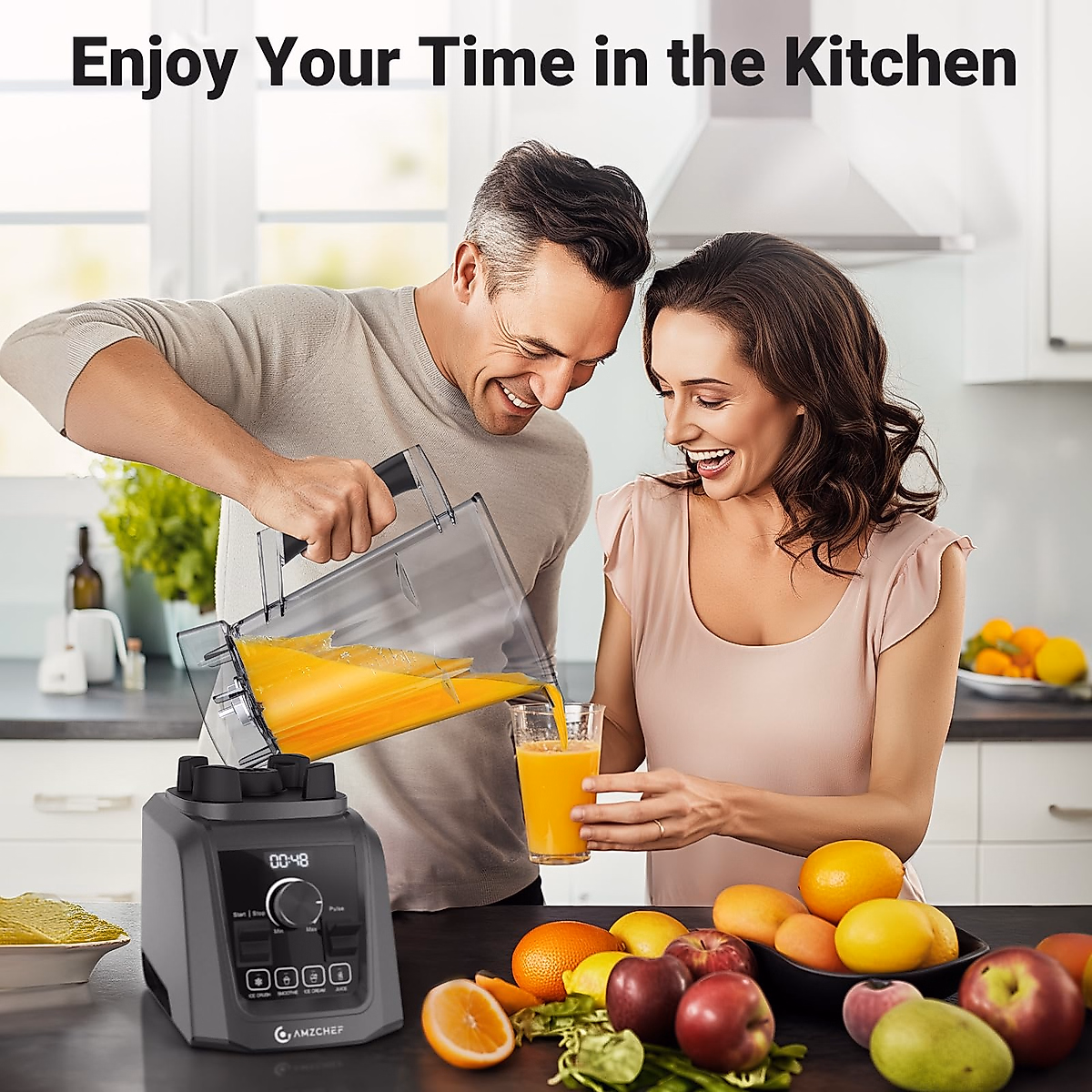 Amzchef 1200W Blenders for Kitchen, 4 Preset Menus for Shakes and Smoothies, Puree, Crush Ice & Hearty Soups with Infinitely Variable Speed & Pulse, 68 oz. Pitcher - Black