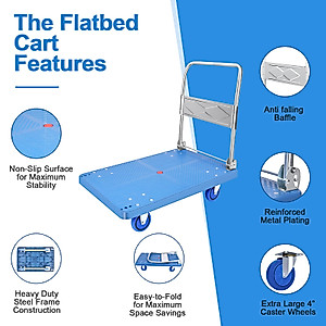 Heavy Duty Platform Truck Cart: Upgrade Large Flatbed Cart Folding Hand Trucks | 400 LBS Heavy Duty Space Saving Collapsible | Swivel Push Handle Flat Bed Wagon (Bule, S)