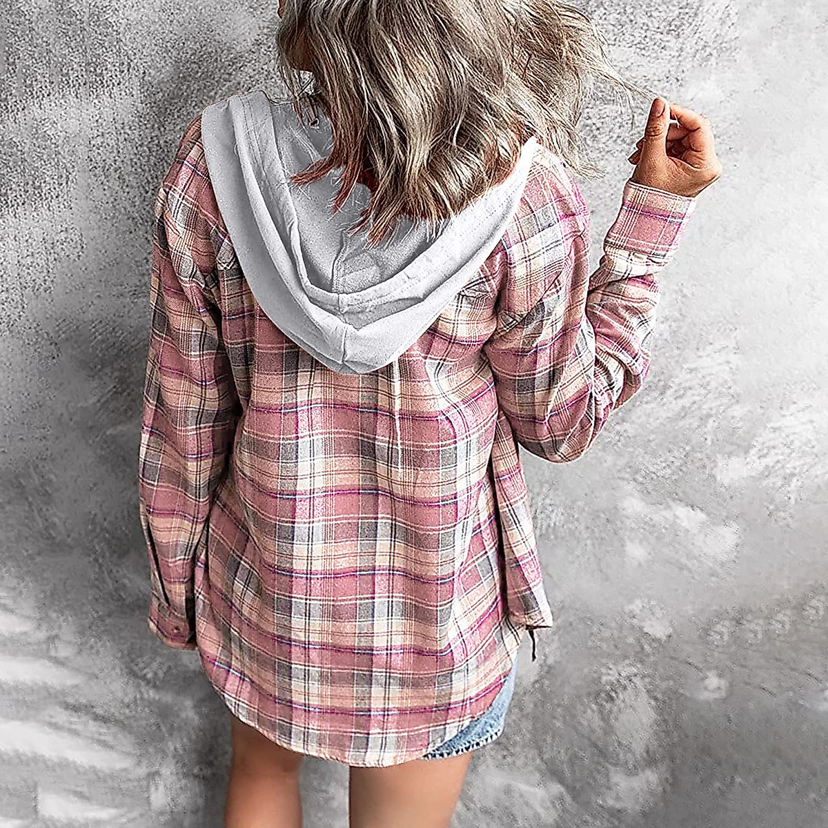 Jackets for Women 2023 Casual Long Plaid Print Shirts Long Sleeve Tops Open Front Button Down Hoodie Cardigan Lightweight Plus Size Coats Outerwear Fall Winter Clothes My Orders(B-Pink,XX-Large)