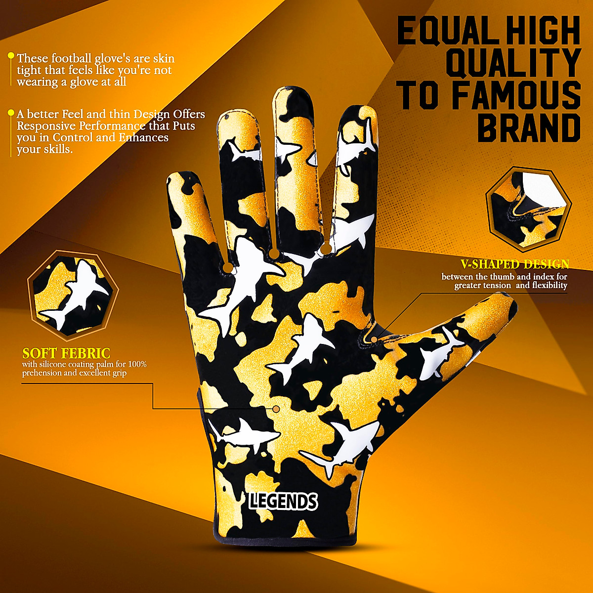 Limited Edition Football Gloves Fit Youth Football Gloves Tacky Football Gloves Men, Football Gloves for Kids 8-12 Receiver Gloves Adult/Football Gloves Youth (Shark/Black&Gold, Youth XS/Small)