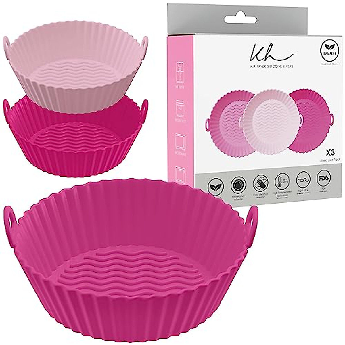 KH 3-Pack Air Fryer Liners for 3 to 5 QT, Silicone Air Fryer Liners, Airfryer Liners, Air Fryer Silicone Liners, Air Fryer Liner Reusable, Air Fryer Basket, Air Fryer Liners Silicone (Pink)