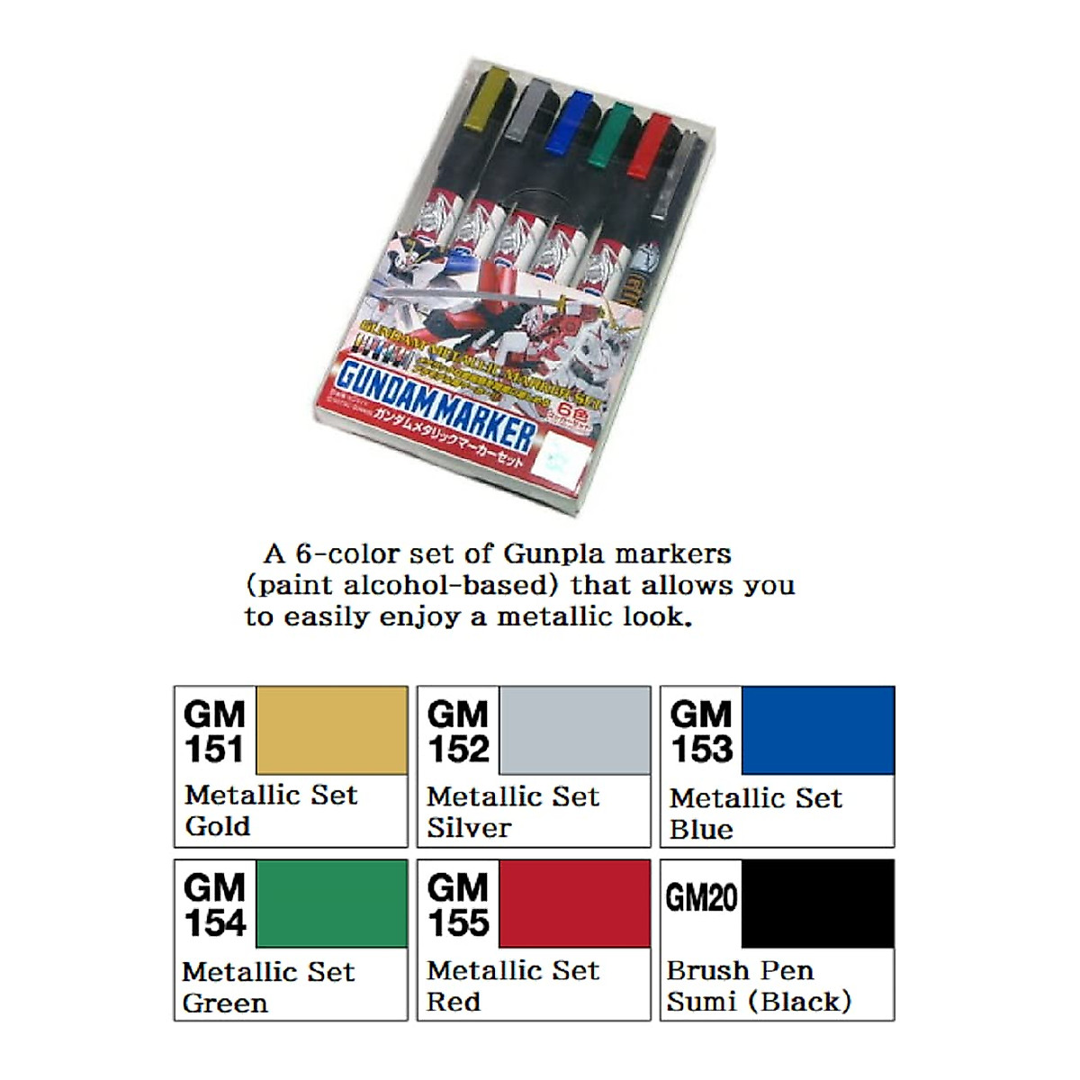 Mr Hobby GSI Creos Gundam Marker Metallic Set 6 Colors Metallic gold, Metallic silver, Metallic blue, Metallic green, Metallic red, Black GMS121 With Kanji LOVE Sticker, 5.94 x 2.99 x 1 in
