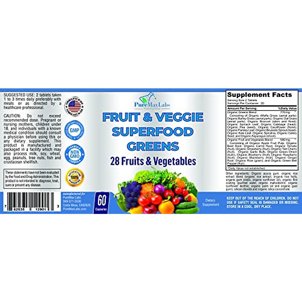 Fruit and Veggie Superfood Greens - 28 Fruits and Vegetables incl. Alfalfa, Barley Grass, Spirulina, Beet Root, Tart Cherry, Concentrated Natural Antioxidants- 60 Tablets