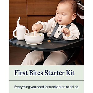 Lalo First Bites Silicone Baby Feeding Set - Baby Led Weaning Supplies - Non-Toxic Silicone - Includes 2 Spoons, Training Cup, & Suction Bowl - 4 Pieces - Oatmeal