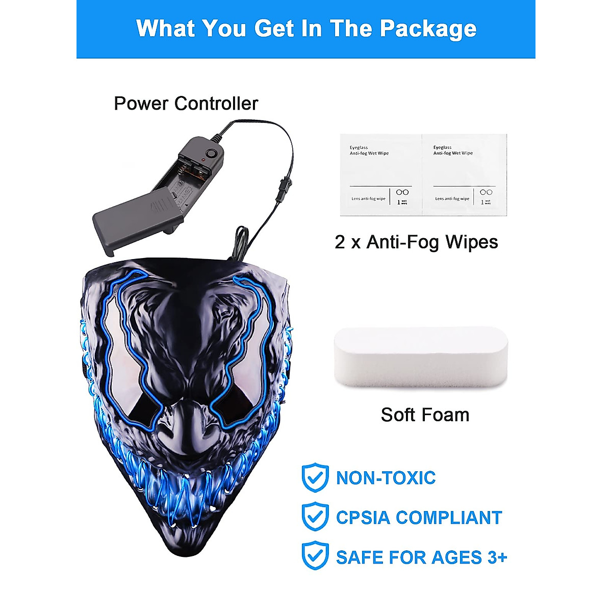 Quanquer LED Light Up Mask for Adults Kids, Unique Neon Glow Masks with Dark and Evil Glowing Eyes, Conspicuous Menacingly Cool Halloween Costume for Men Women Cosplay-Blue