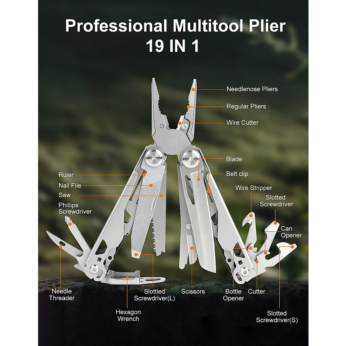 SUYIWEE Multitool 19-in-1 with Safety Lock, Professional 440A Stainless Steel Multi Tool Pliers Pocket Tool, Foldable Multitools with Nylon Sheath for Outdoors, Survival, Camping, Hiking, Repairing