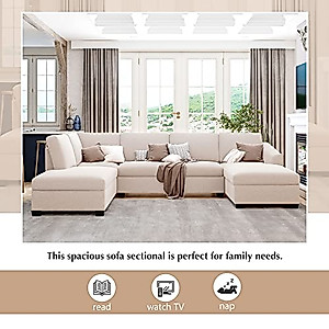 MOEO Large U-Shape Sectional Sofa, Double Extra Wide Chaise Lounge Couch, Birch Wood Legs Sponge, for Living Room Apartment, Office, Beige
