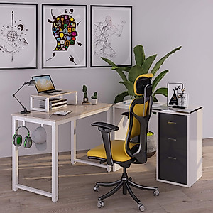 JSB Small Computer Office Desk 39" with Freely Move Monitor Stand and 4 Hooks, Study Writing Table PC Home Office Desk - Natural & White