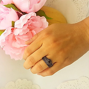 Dazzlingrock Collection Black Rhodium Plated 10K Round Amethyst & Black Diamond Halo Wedding Ring Set in 10K White Gold, Size 7