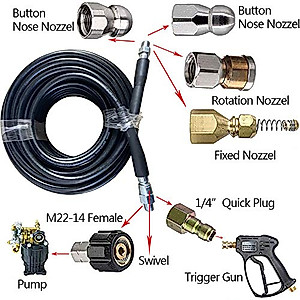 MAMIA PAIRS 100 FT Sewer Jetter Kit for Pressure Washer,Sewer Jetter Nozzles Kit,Drain Cleaning Hose for Pressure Washer,Corner,Button Nose and Rotating Sewer Jetting Nozzle,1/4 Inch NPT,5800 PSI
