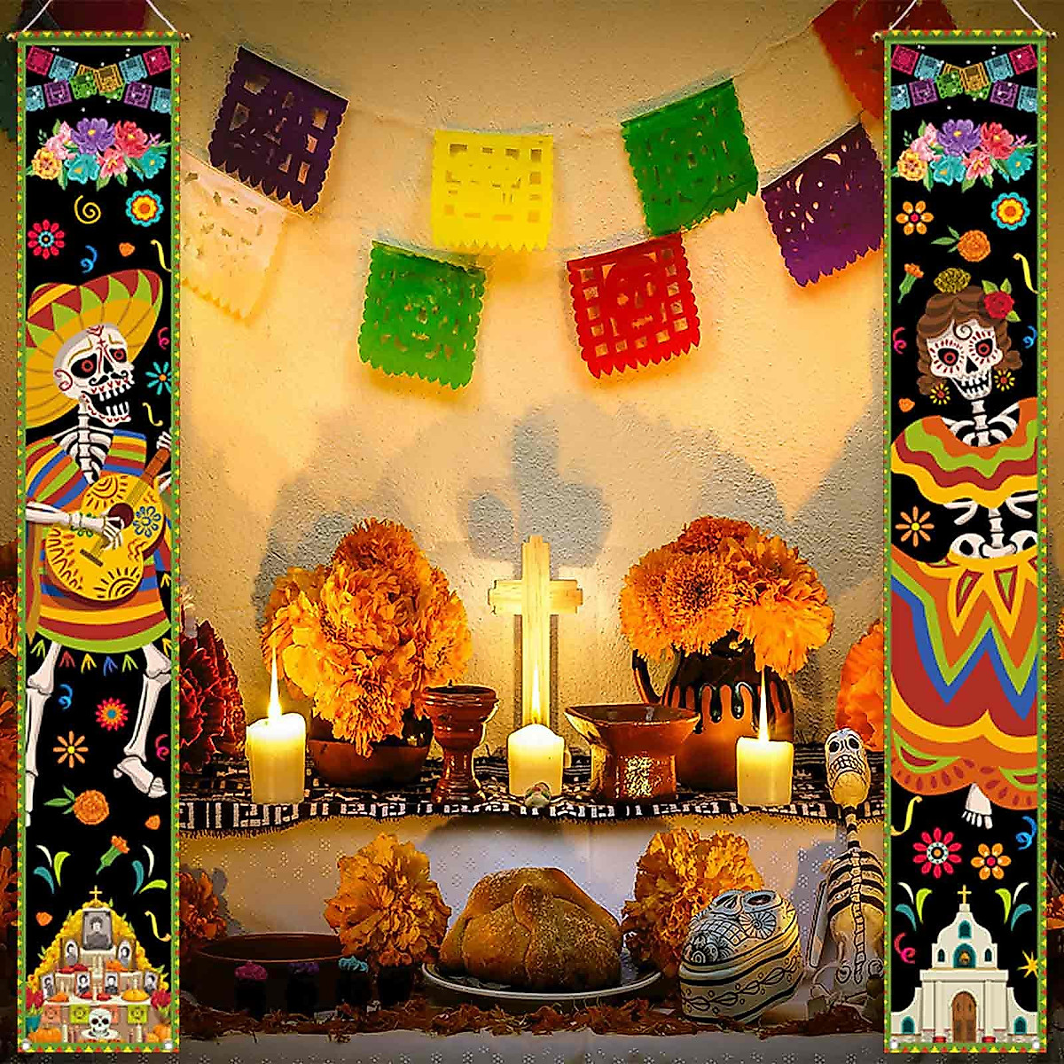 Allenjoy Mexican Day of the Dead Porch Signs Hanging Wall Door Banner Skeleton Guitar Decorations Polyester Wrinkle Free Outdoor 11.8x70.9 Inch Home Decor Events Front Yard Party Supplies 2PCS