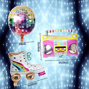 Timisea 10 PCS Rainbow Roller Skate Balloons Boom Box Balloon,22 Inch Round Color Foil Balloons, 4D Laser Disco Foil Balloons 80s 90s Retro Theme Hip Hop Disco Fever Birthday Party Balloon Decor