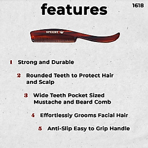 Speert Handmade Wide Tooth Mustache Beard Comb - Swiss Craftsmanship, Tortoise Havana Acetate, Thick Coarse Hair, Pocket Sized, Facial Hair Grooming, Beard Straightener, Growth Care, Styling, Wet Comb