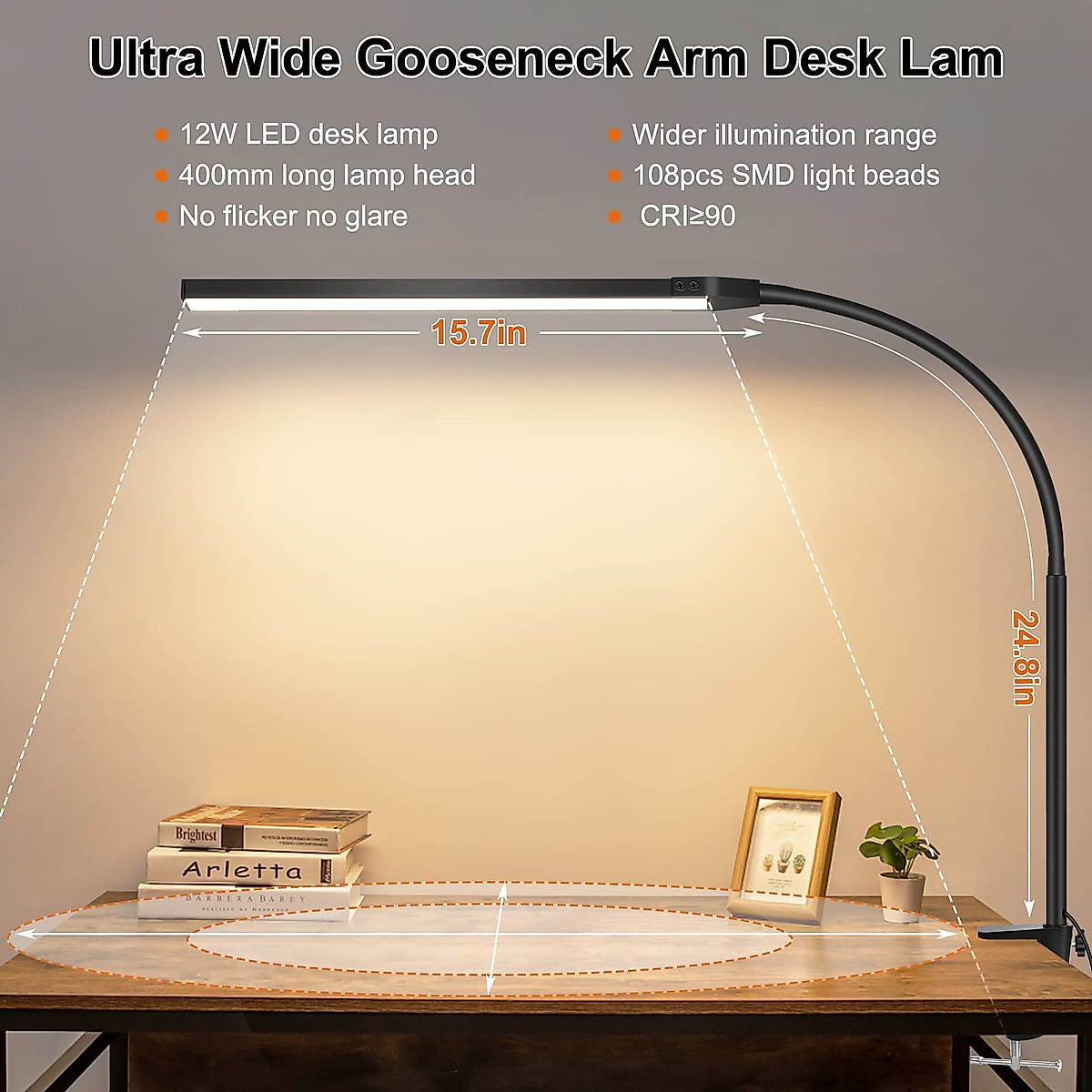 Touch Control LED Desk Lamp, 2-in-1 Gooseneck Clamp on Lamp, Desk Lamp for Home Office, 3 Modes Stepless Dimmable Workbench Light for Painting Reading Working Study Dorms Nightlight