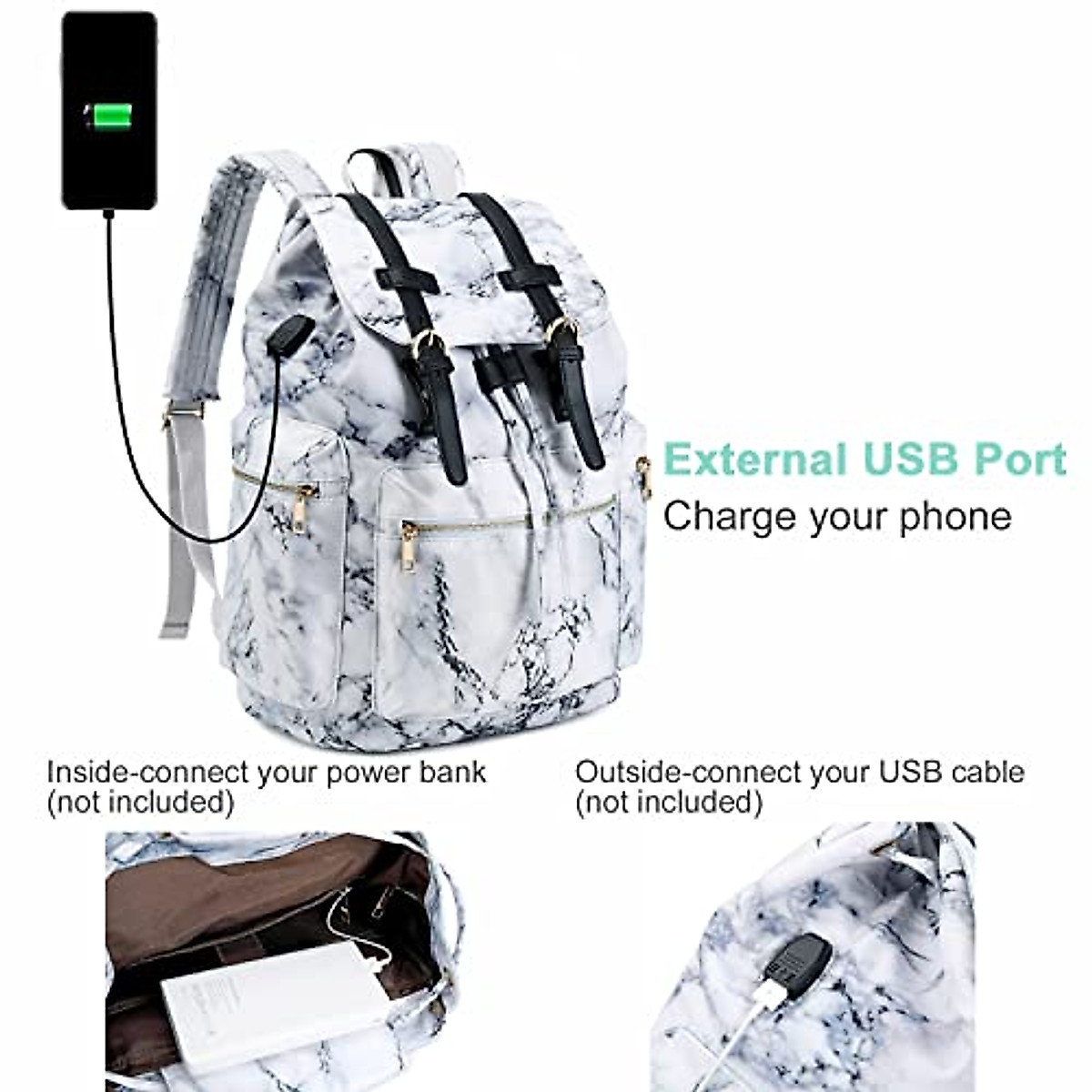 Bluboon Girls School Backpack Women College Bookbag Lady Travel Rucksack 15.6Inch Laptop Bag with Charge Port (A-Marble)