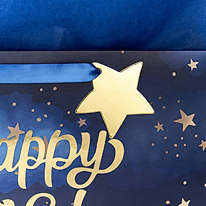 WRAPAHOLIC 13" Large Gift Bag with Card and Tissue Paper - Navy Star Gold Foil Happy Birthday