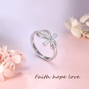 DAOCHONG Inspirational Jewelry 925 Sterling Silver Engraved Faith Hope Love Cubic Zirconia Cross Infinity Ring, Size 7