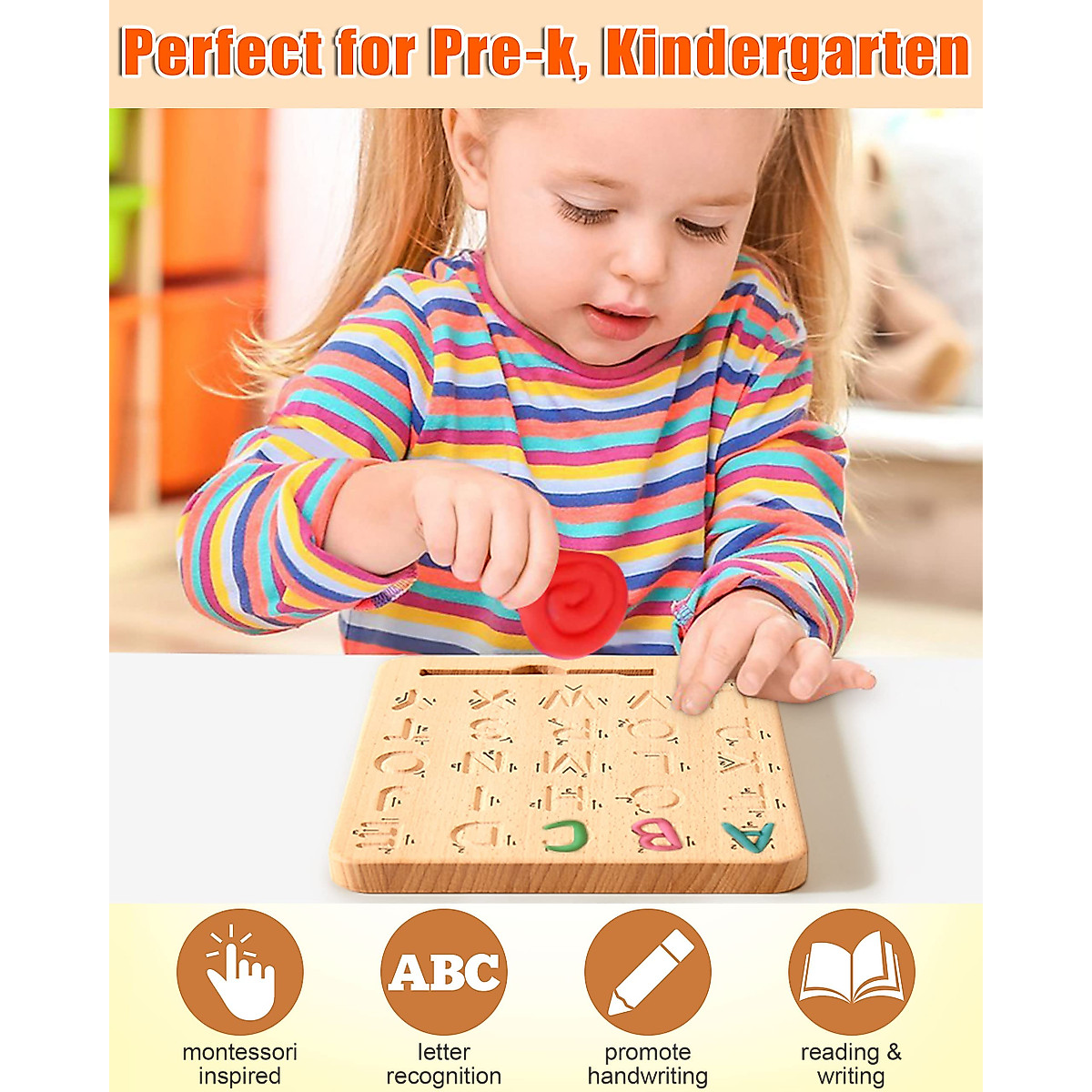 RUIZHUO Wooden Alphabet Tracing Board, Double-Sided Wood Letters Tracing Tool Learning to Write ABC Educational Montessori Toys Game Gift