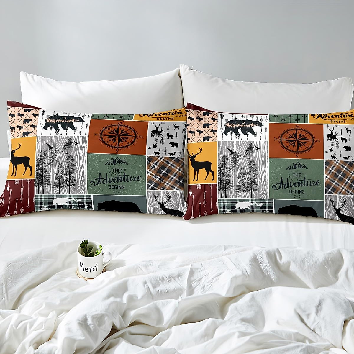 Cabin Retro Rustic Lodge Comforter Set, Bear Deer Country Bedding Twin, Hunting Wild Animal Quilt Plaid Check Adventure Themed Bedding Comforter Sets For Kids Boys Teens Adult Men Bedroom Decor