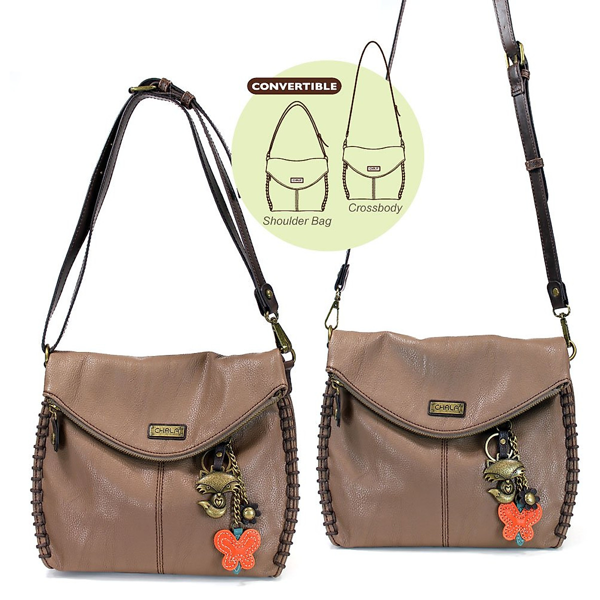 Chala Charming Crossbody Bag with Zipper Flap Top and Metal Chain - Light Brown - Chala Fox